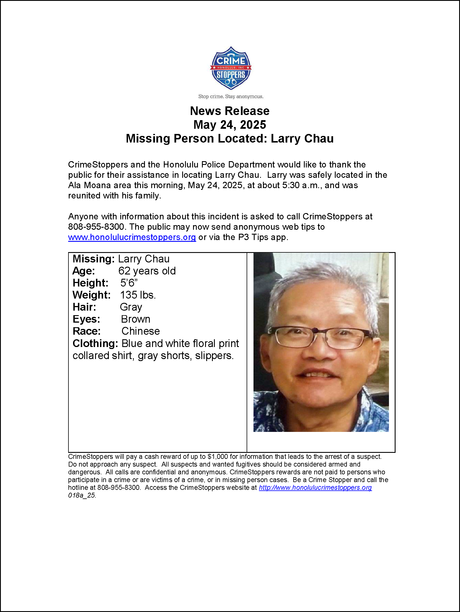 CrimeStoppers: Missing Person Located: Larry Chau - Honolulu Police Department