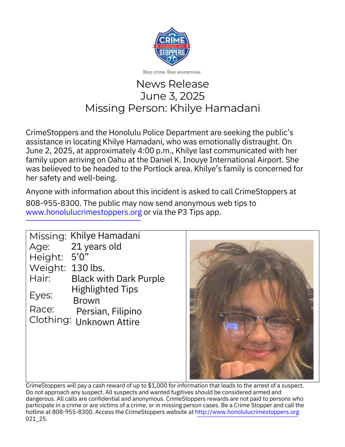 CrimeStoppers: Missing Person Khilye Hamadani - Honolulu Police Department