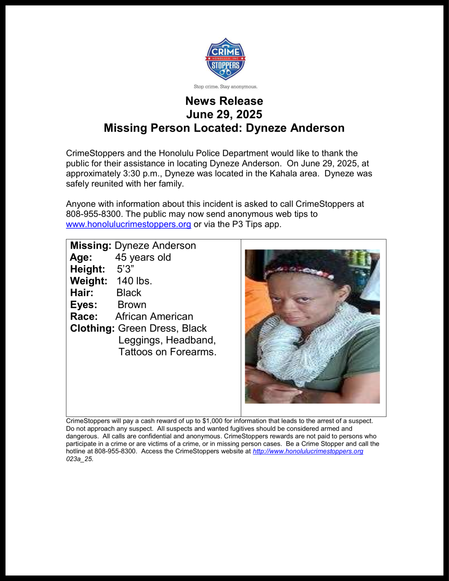 CrimeStoppers: Missing Person Located: Dyneze Anderson - Honolulu Police Department