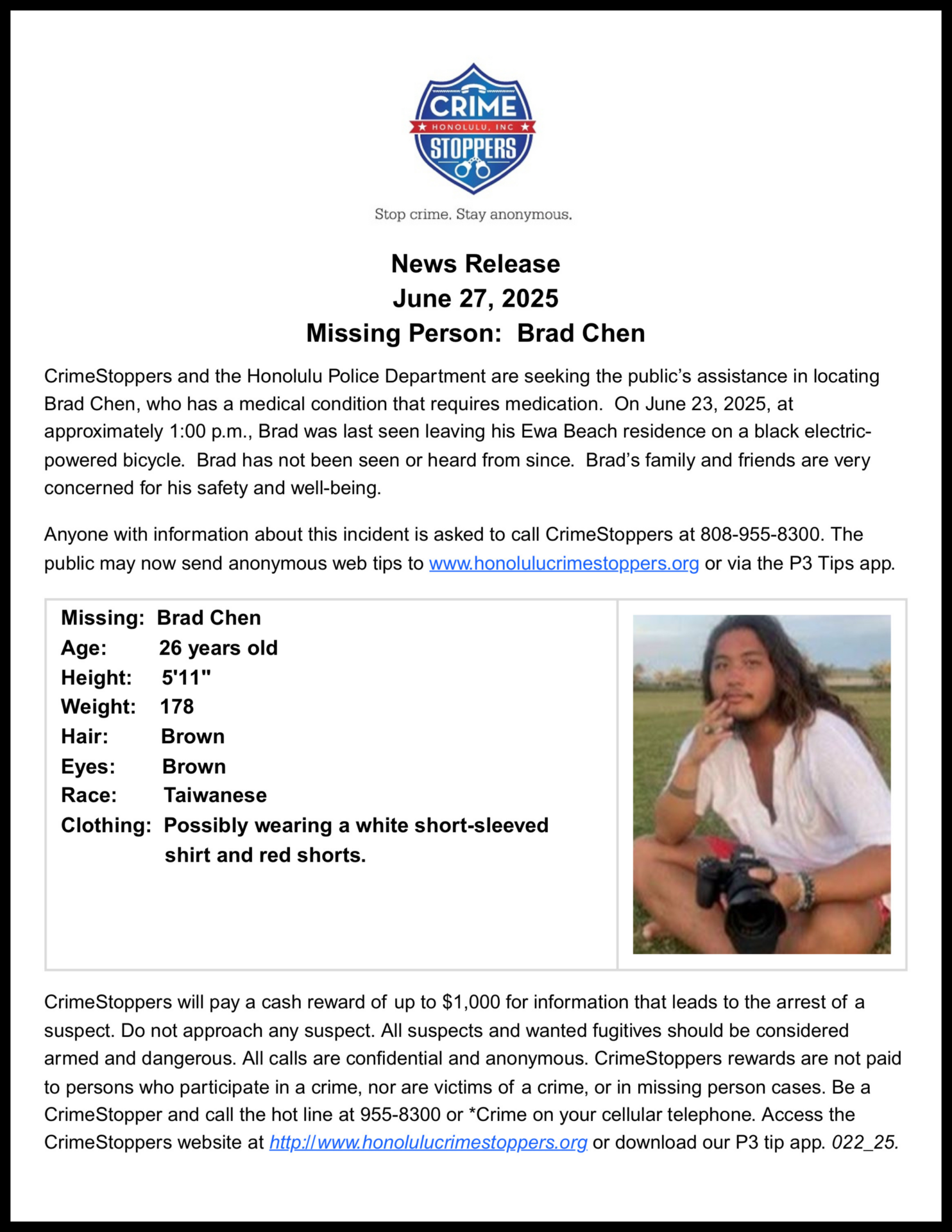 CrimeStoppers: Missing Person: Brad Chen - Honolulu Police Department