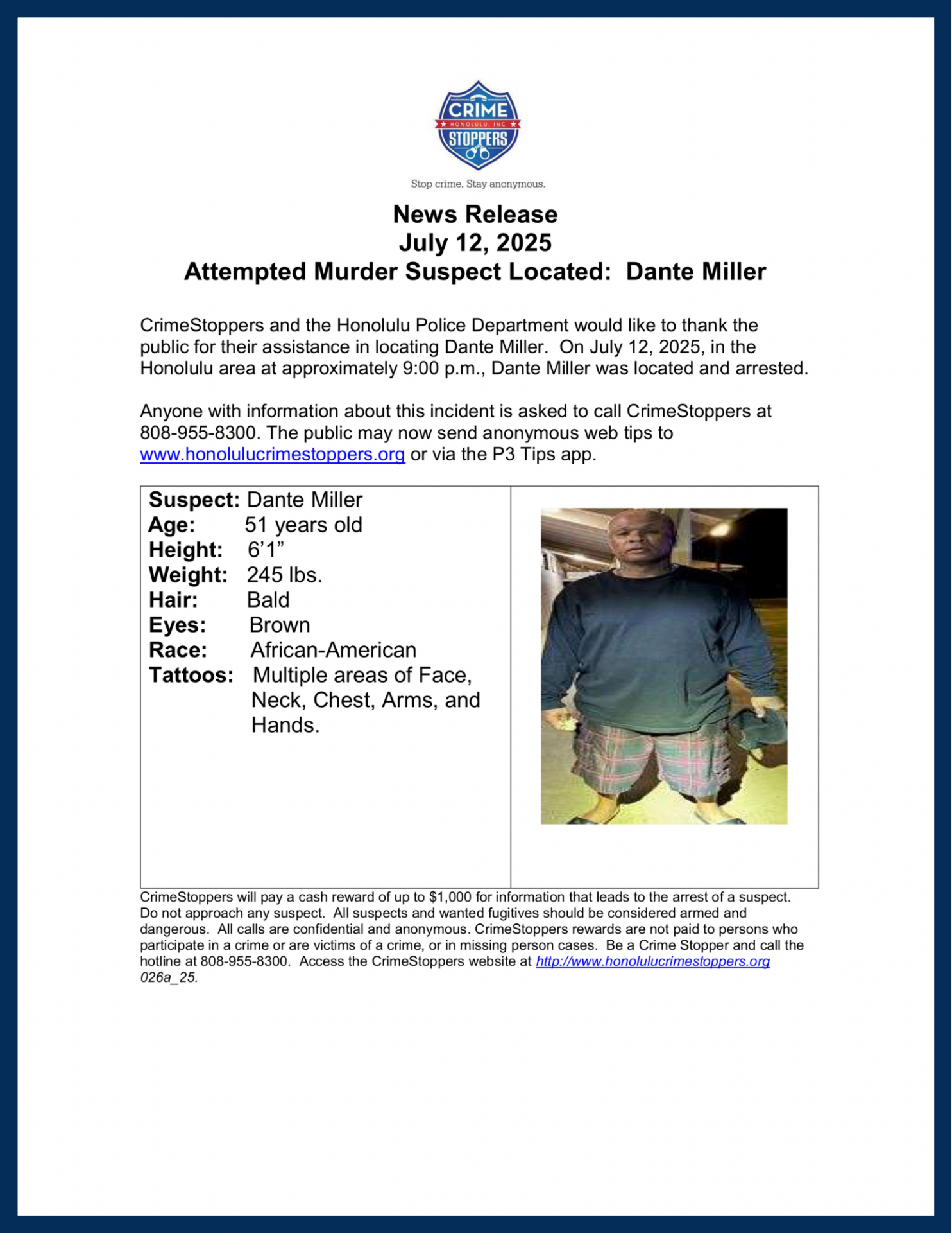 CrimeStoppers: Attempted Murder Suspect Located: Dante Miller ...